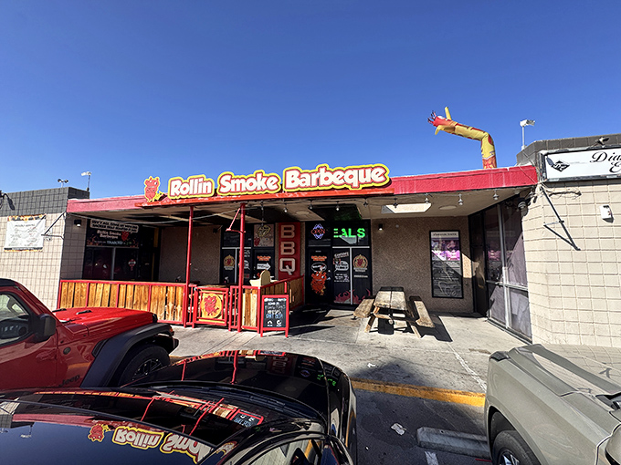 Rollin Smoke's humble storefront hides world-class barbecue within. That cartoon pig knows exactly what you're in for!