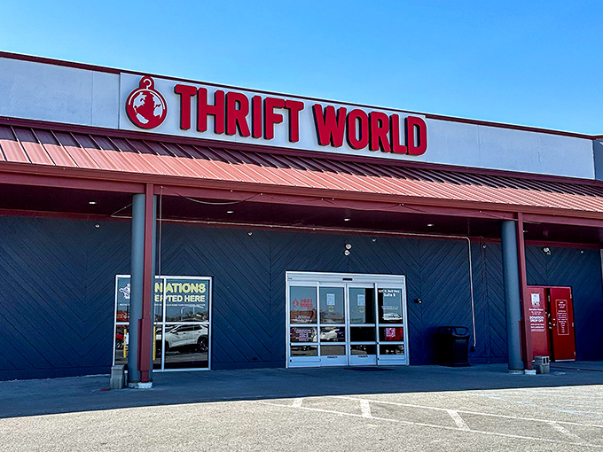 The copper-colored awning frames this bargain paradise like a picture. "Donations Accepted Here" means tomorrow's treasures are arriving daily!