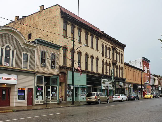 Historic buildings line Titusville's main street, showcasing the town's oil boom heritage and walkable charm.