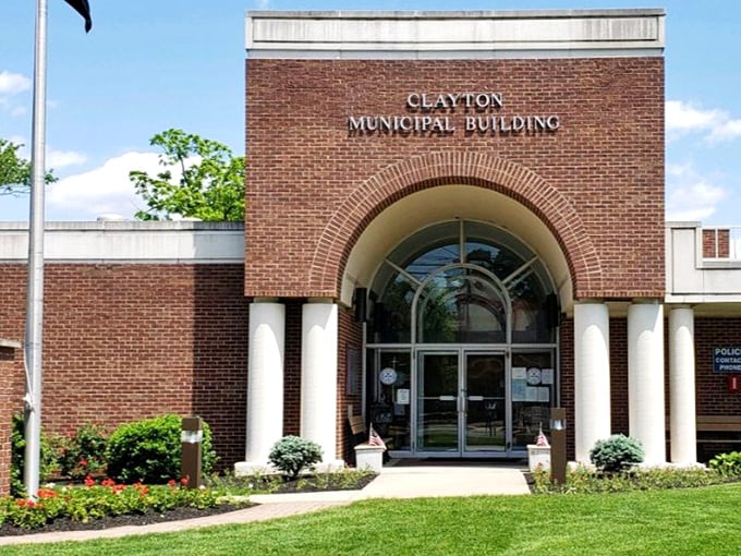Clayton's municipal building welcomes residents with its brick fa&ccedil;ade and accessible design, symbolizing small-town governance.