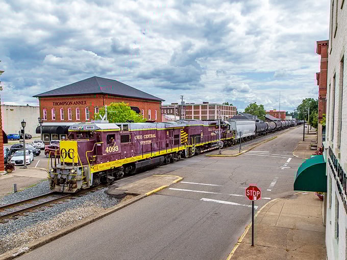 A train rolls through downtown Coshocton, adding a perfect touch of Americana to this historic riverfront community. Simply picturesque!