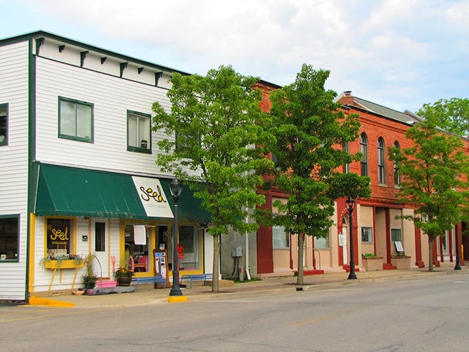 The well-preserved storefronts of Elk Rapids stand as testaments to Michigan's small-town architectural heritage, lovingly maintained through generations.