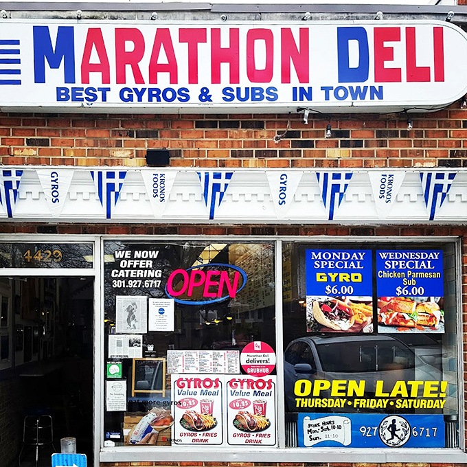 The straightforward storefront of Marathon Deli doesn't need fancy frills&mdash;those "Best Gyros" signs tell you everything you need to know.