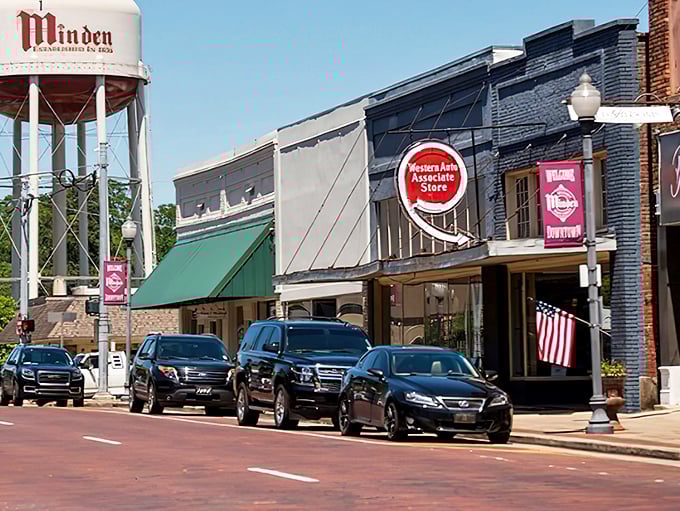 The iconic Minden water tower watches over brick-paved streets where modern life moves at a refreshingly unhurried pace.