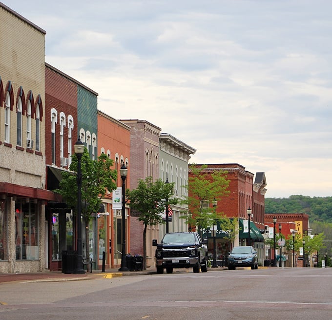 The colorful facades of Prairie du Chien's downtown buildings reflect the vibrant life possible on a fixed income in this affordable community.