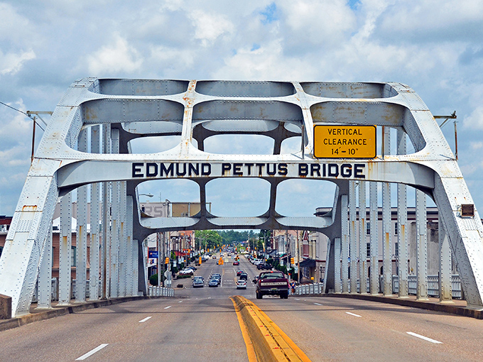 The Edmund Pettus Bridge frames Selma's downtown like a portal to another time, where history and daily life flow together.