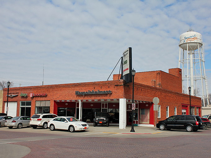 The water tower watches over Seward's brick-paved downtown, a beacon of small-town pride and Fourth of July spirit.