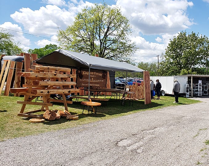 Rustic charm meets bargain hunting! Third Monday Trade Days' wooden picnic tables and outdoor furniture showcase Texas craftsmanship at its finest.