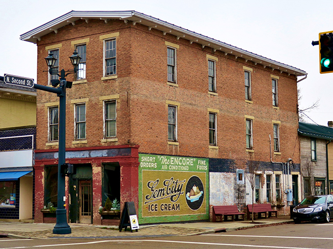 A classic brick ice cream shop sets the scene for sweet, spirit-lifting evening strolls.