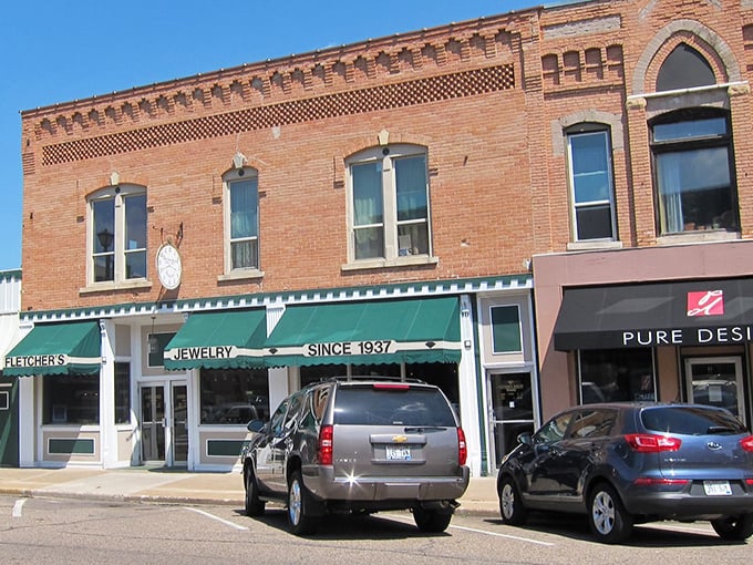 Brick storefronts and wide sidewalks make Waupaca's downtown perfect for window shopping on a fixed income.