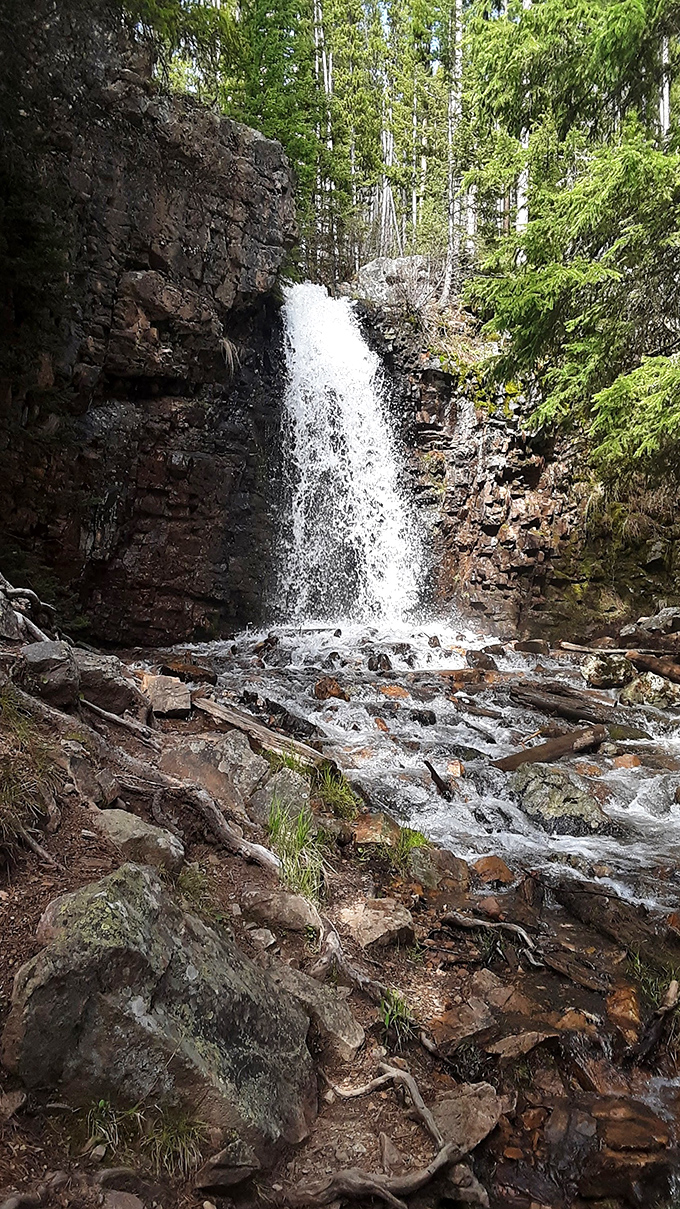 A waterfall hidden near White Sulphur Springs &ndash; just one of the natural treasures that come standard with affordable mountain living.