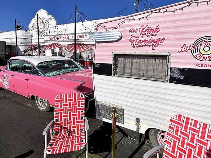 The Pink Flamingo food truck brings a splash of retro-cool to Little Anthony's exterior &ndash; like a Cadillac that serves sandwiches instead of turning heads.