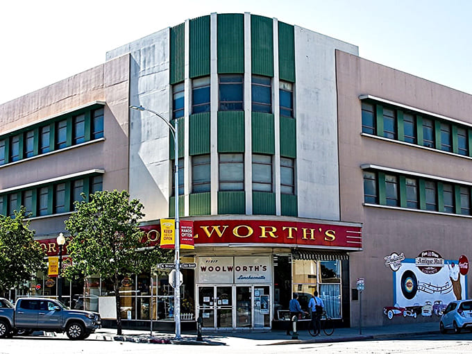 The iconic Woolworth building stands proudly in downtown Bakersfield, its art deco charm and bold red signage beckoning hungry time-travelers from miles around.
