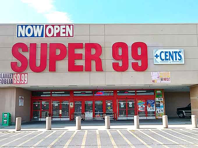 The iconic red signage of Super 99+ Cents beckons bargain hunters to Denver's discount paradise where dollars stretch like magic.