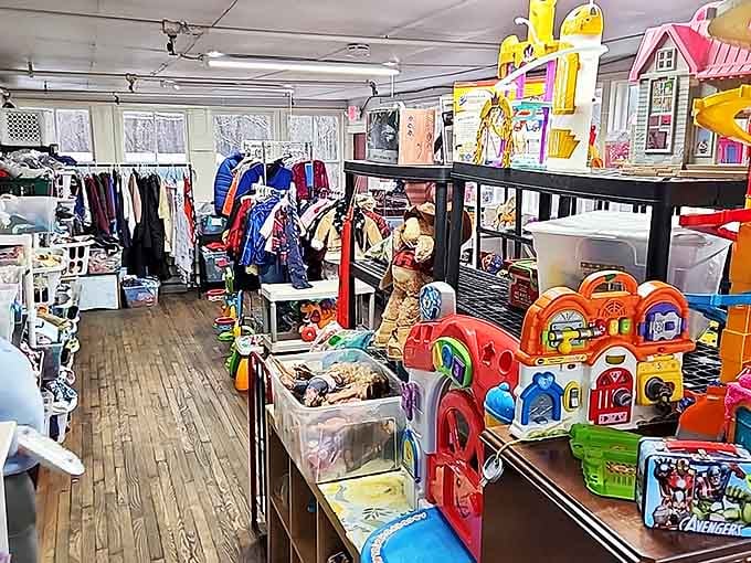 Treasure hunting begins here! Colorful clothing racks and toy shelves create the perfect backdrop for your next "I can't believe I found this" moment.