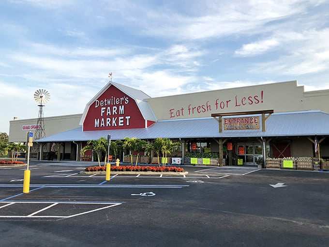 The iconic red barn facade of Detwiler's isn't just architecture—it's a promise of farm-fresh treasures waiting inside. Florida's answer to the question: "Where has all the good food gone?"