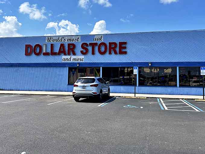The bright blue facade with bold red lettering isn't just a storefront&mdash;it's a declaration that normal shopping rules don't apply here.