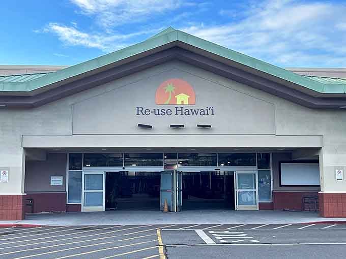 The unassuming entrance to Re-use Hawai'i beckons with pallets of building materials—appetizers before the main course of sustainable treasures inside.