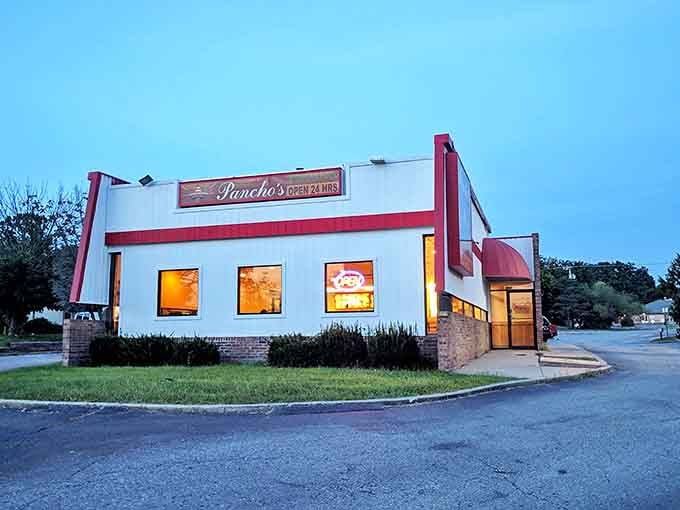Pancho's bold red and white exterior stands like a beacon of hope for hungry travelers. That "OPEN 24 HRS" sign might be the most beautiful poetry in Kansas.