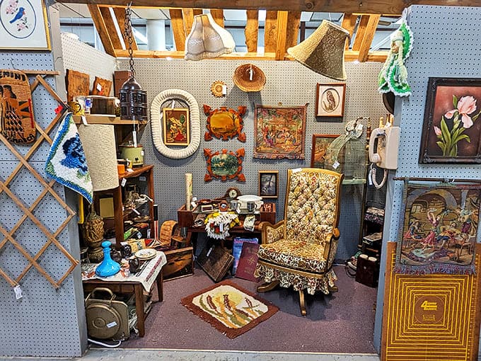 A treasure hunter's dream booth where every inch tells a story. That vintage chair isn't just furniture—it's waiting to hear your life story.