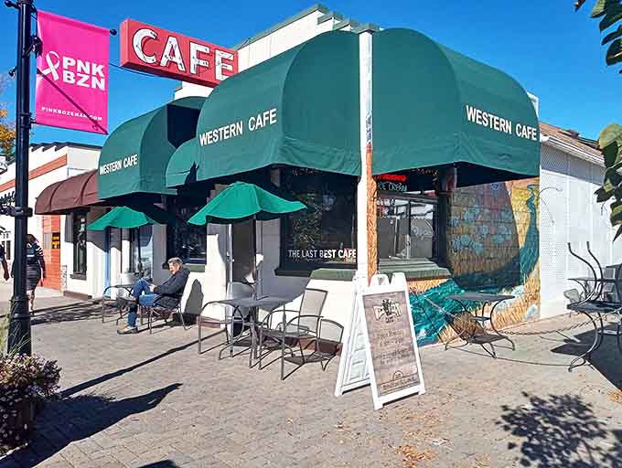 The iconic green awning and vintage red "CAFE" sign of Western Caf&eacute; stand as a beacon for hungry Bozeman locals. Montana mornings were made for this.