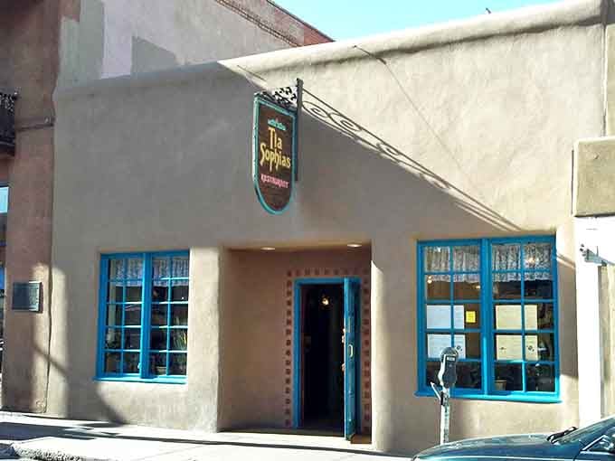 The unassuming adobe exterior of Tia Sophia's belies the culinary treasures within. Santa Fe's architectural charm meets breakfast burrito heaven.
