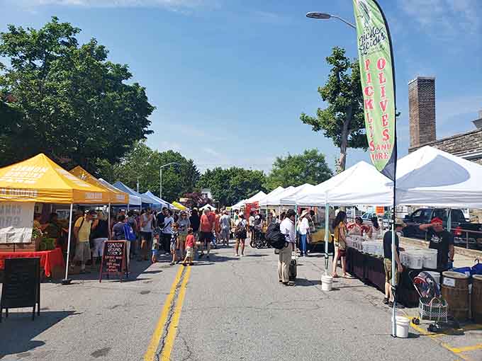 A bustling Sunday morning at Beacon Flea Market, where treasure hunters navigate rows of colorful tents against a backdrop of Hudson Valley blue skies.