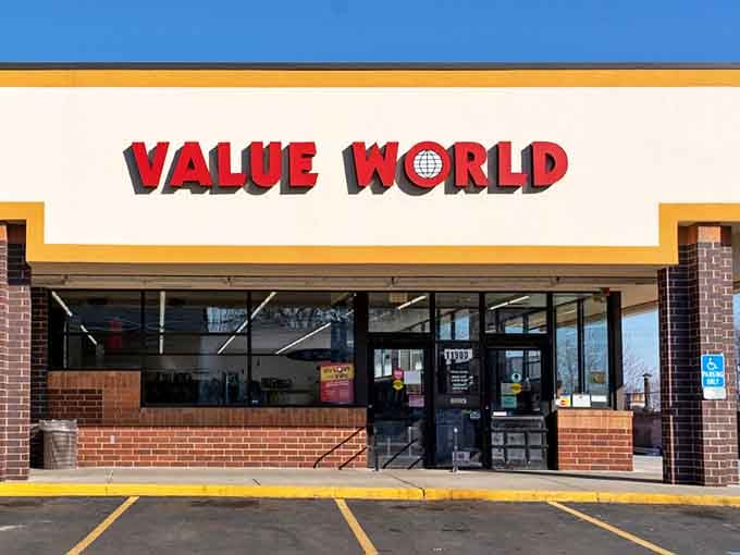 The iconic red Value World sign beckons like a lighthouse for bargain hunters navigating the seas of retail monotony in Lakewood.