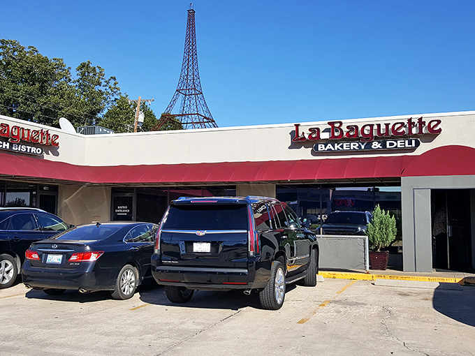 A slice of Paris in Oklahoma City! The iconic Eiffel Tower replica stands proudly above La Baguette, promising French delights without the jetlag.