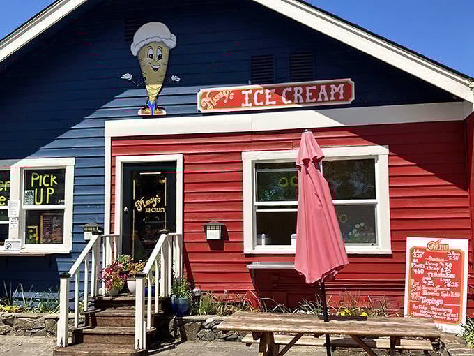 The cheerful ice cream cone mascot welcomes you like an old friend. Blue and red exterior says "comfort food lives here."
