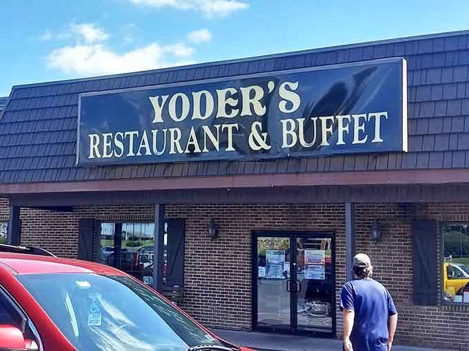 Yoder's iconic sign welcomes hungry travelers like a beacon of hope in a sea of chain restaurants. Simple, unassuming, and promising delicious treasures within.