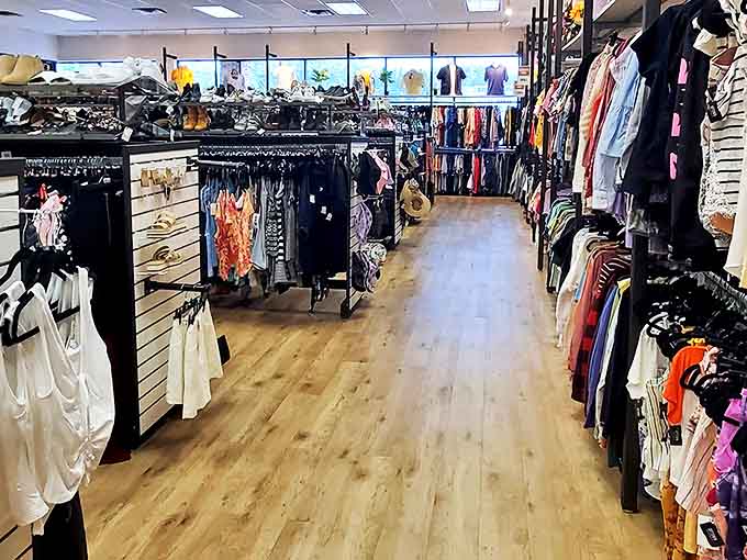 Wide, welcoming aisles lined with fashion treasures waiting to be discovered. Like a well-organized treasure hunt where X marks the perfect outfit.