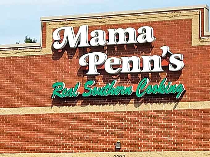 The iconic Mama Penn's sign stands proud against the Anderson sky, promising "Real Southern Cooking" that delivers on every syllable of that delicious pledge.