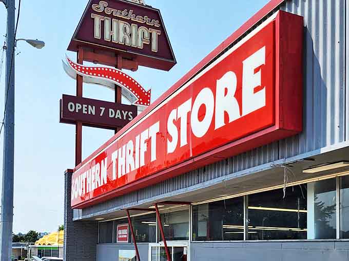 The iconic red signage of Southern Thrift Store beckons bargain hunters like a lighthouse for the fiscally responsible shopper.