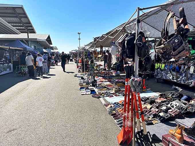 The covered walkways of Traders Village stretch toward the horizon like a bargain hunter's yellow brick road. Shopping paradise awaits under those metal roofs!