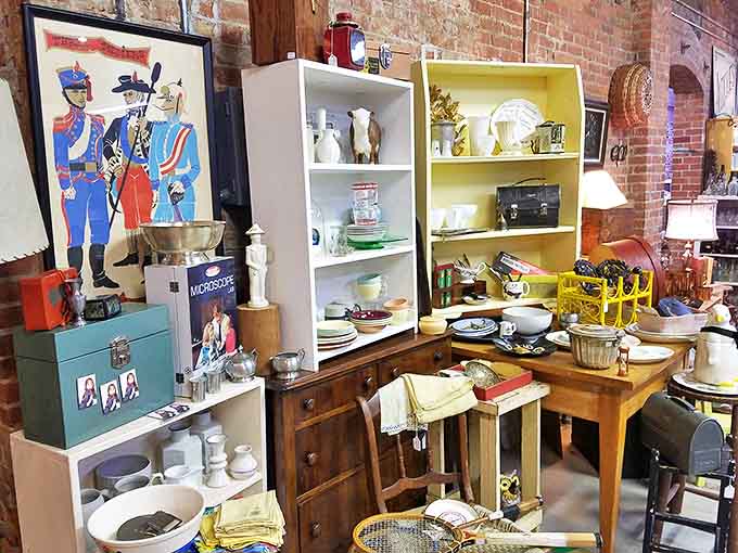 Brick walls and eclectic treasures create the perfect backdrop for vintage hunting. This corner alone contains enough conversation starters to last through winter.