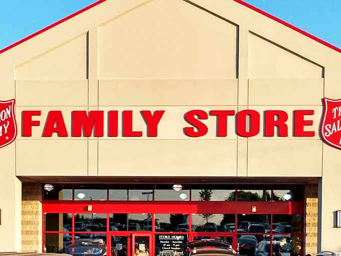 Bold red lettering announces this isn't just shopping—it's a family affair where budget-friendly discoveries await behind those welcoming doors.