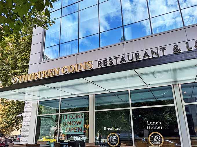 The gleaming fa&ccedil;ade of 13 Coins stands tall in downtown Seattle, where floor-to-ceiling windows promise culinary delights that await inside.