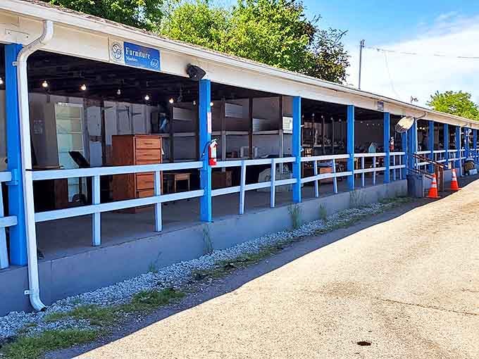 The blue-trimmed exterior of St. Vincent de Paul's furniture section beckons like a siren song to treasure hunters and bargain aficionados alike.