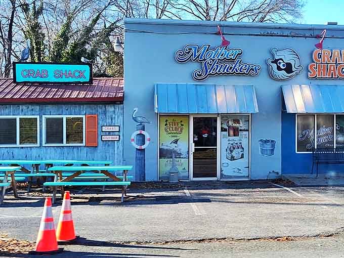 The blue beacon of seafood salvation! Mother Shuckers' cheerful exterior promises maritime delights in the most unlikely of places&mdash;landlocked West Virginia.