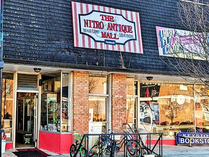 Bicycles parked outside suggest the smartest antiquers know the secret: leave trunk space for your finds! The classic brick-and-glass storefront hints at the time capsule waiting inside.