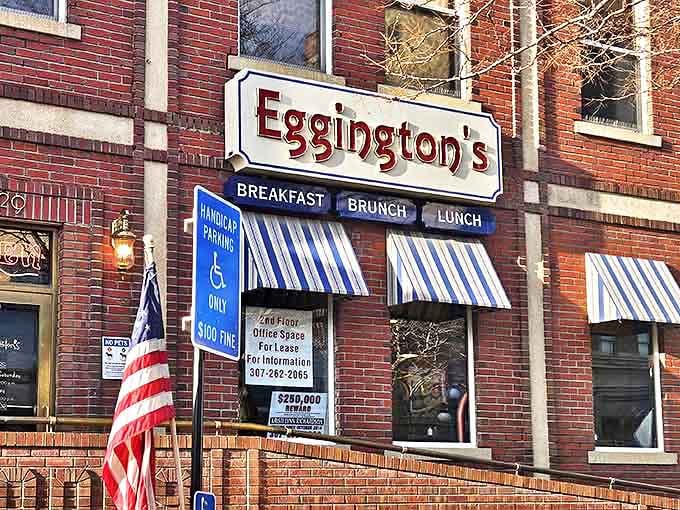 Eggington's brick facade with its jaunty blue and white awnings stands like a breakfast beacon in downtown Casper, promising morning delights worth setting your alarm for.