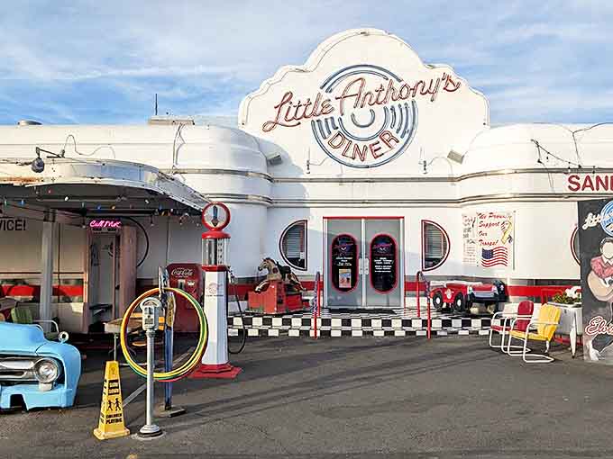 The iconic white facade with its curved signage isn't just a restaurant entrance &ndash; it's a portal to when Buddy Holly topped the charts and milkshakes cost a quarter.