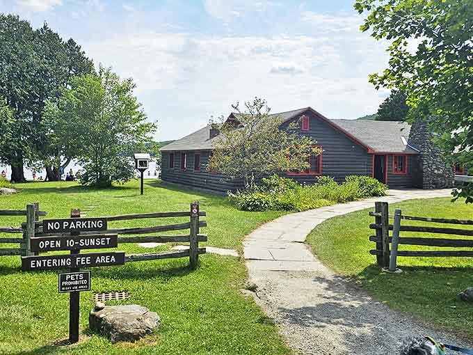 The rustic welcome center at Elmore State Park &ndash; where $5 buys you more natural splendor than most people find in a lifetime of vacations.