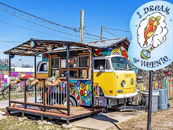 The iconic yellow VW bus with its whimsical sign beckons hot dog lovers to East Nashville's most creative weenie wonderland.