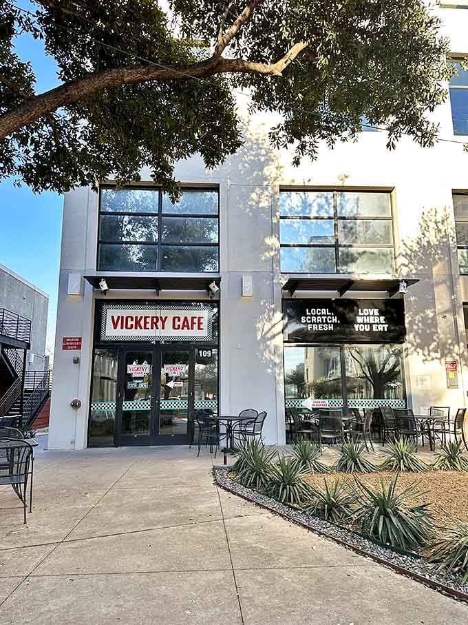The modern storefront of Vickery Cafe welcomes you with its promise of "Local, Scratch, Fresh" – three words that should be on every breakfast lover's vision board.