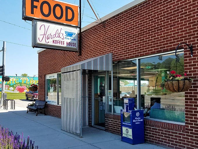 That classic "FOOD" sign isn't lying&mdash;what awaits inside Harold's brick walls is comfort cuisine that transcends trends. The hanging plants add a touch of homey charm.