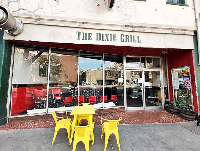The Dixie Grill's bright yellow outdoor seating invites sidewalk people-watching while you contemplate which breakfast classic will change your life today.
