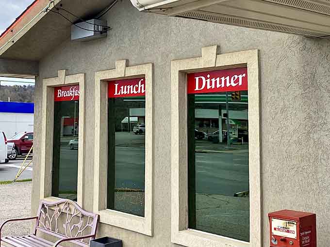 The classic diner windows proudly announce "Breakfast, Lunch, Dinner" &ndash; a trifecta of comfort that promises good things await inside.
