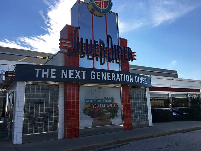 The iconic Silver Diner facade gleams in Cherry Hill, where retro charm meets modern culinary sensibility under that classic neon glow.